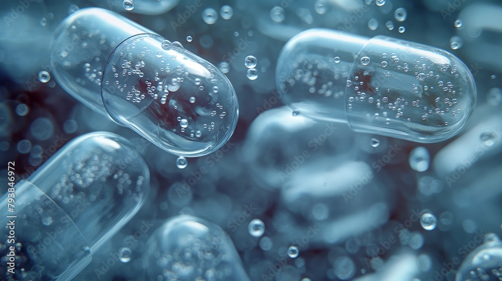 Submerged capsules with water bubbles. Hydrated medicine concept ...