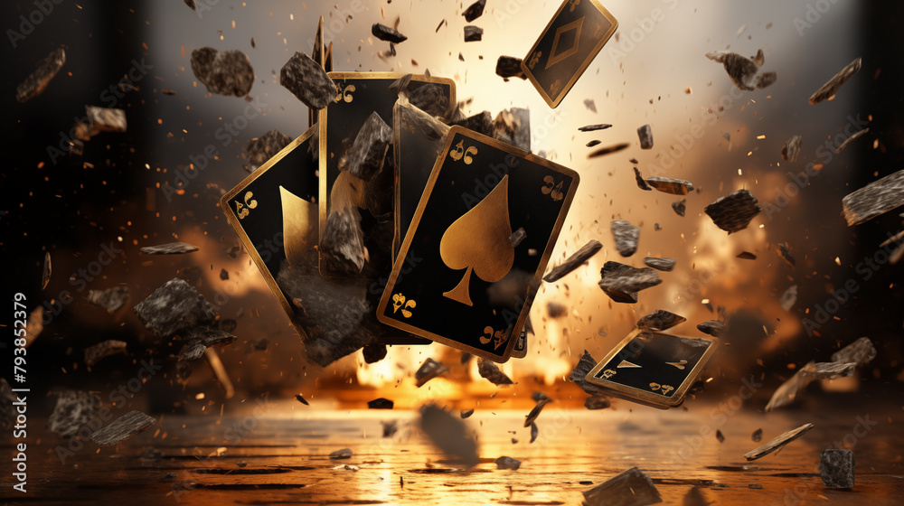 Golden Playing Cards with Rocks and Fire Explosion Background Stock ...