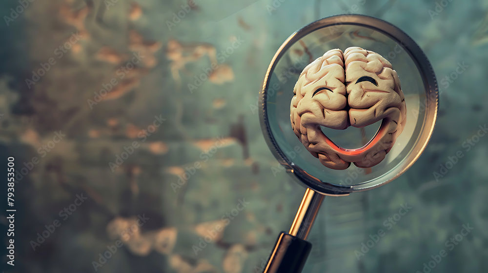 Happy smiling human brain under a magnifying glass organ mental calm ...