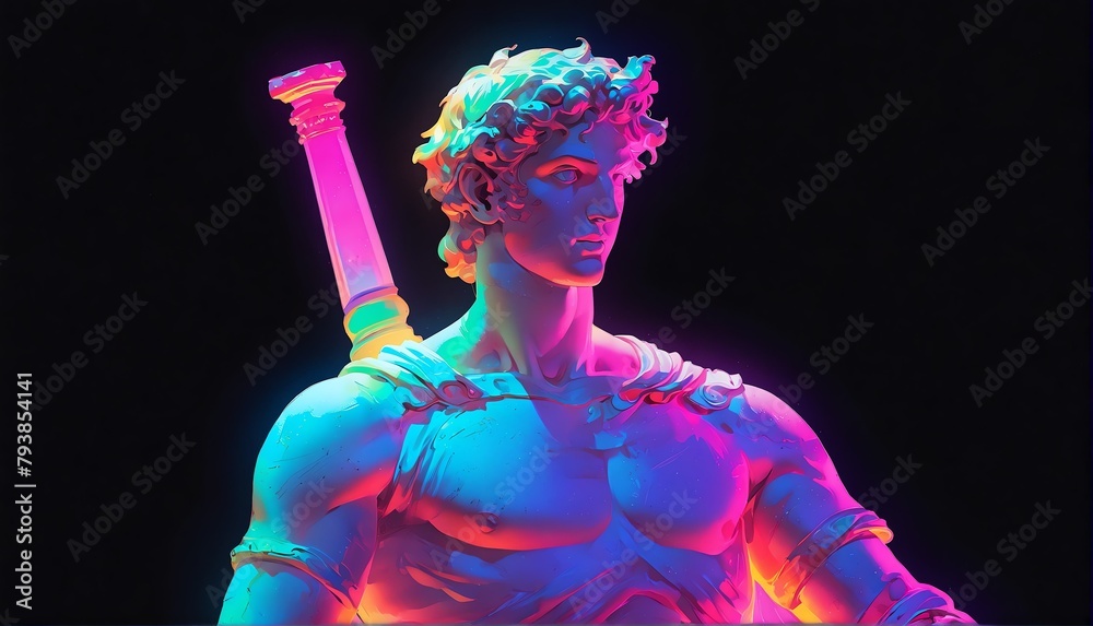 colorful neon light glowing god apollo greek statue on plain black ...