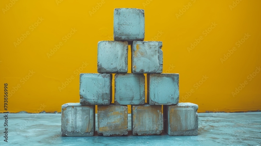 Artistic composition of gray cement blocks stacked in a pyramid form ...