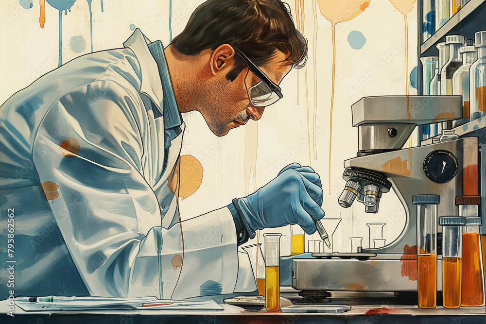 Illustration of a focused male scientist examining a substance under a ...