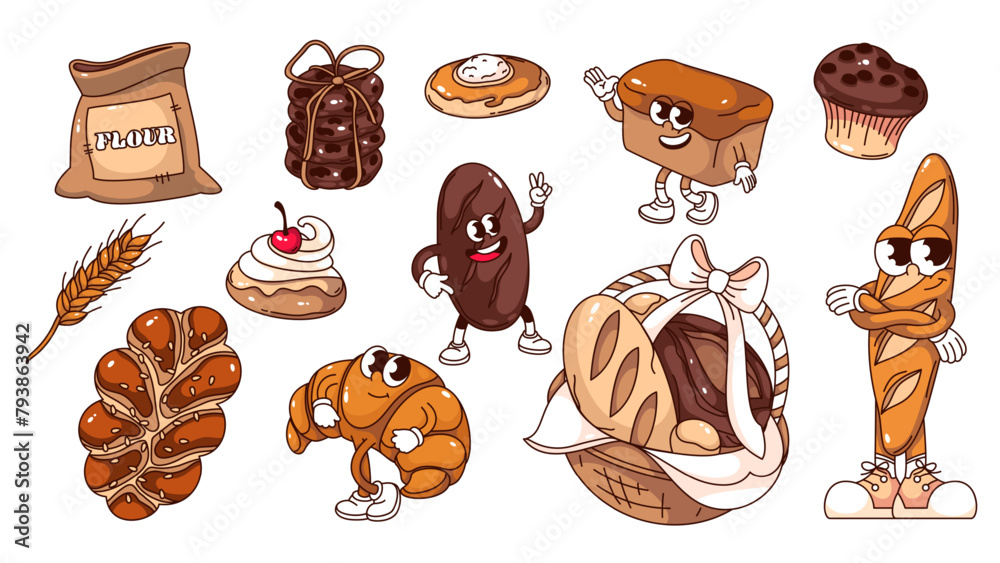Groovy bread cartoon characters and bakery stickers set. Funny retro ...