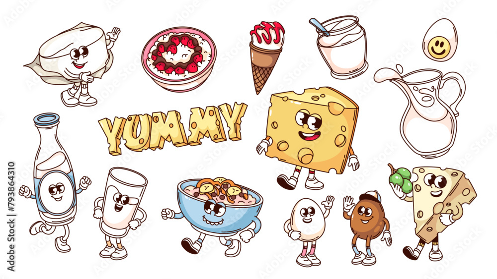 Groovy cartoon dairy characters and stickers set. Funny retro cheese ...
