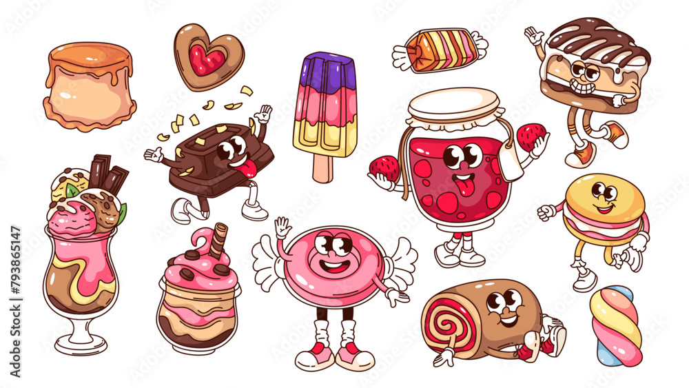 Groovy sweets cartoon characters and stickers set. Funny retro sweet ...