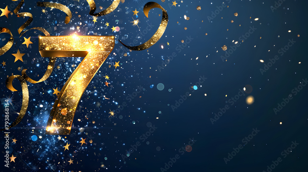 7 Anniversary celebration. Golden number 7 with sparkling confetti ...