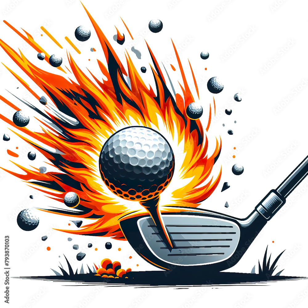 vector style image, golf swing, iron club, golf ball exploding, fire ...