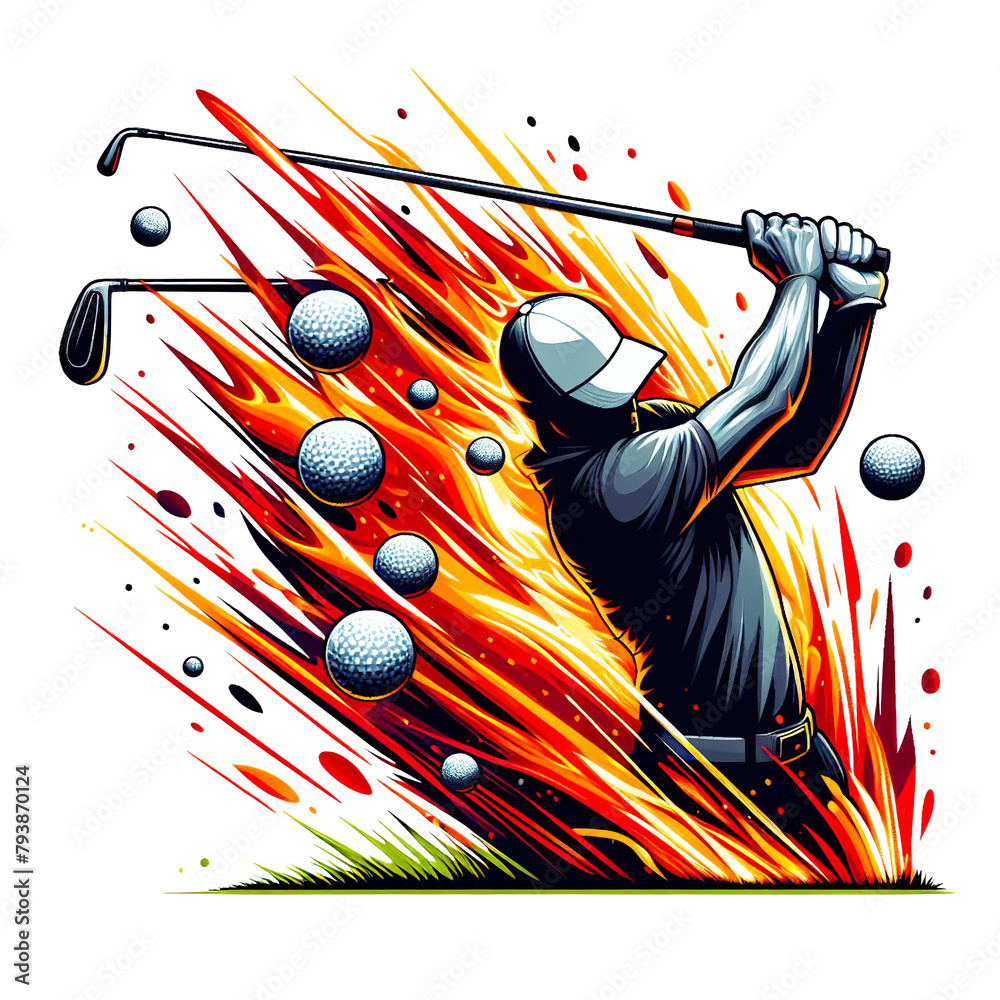 vector style image, golf swing, iron club, golf ball exploding, fire ...