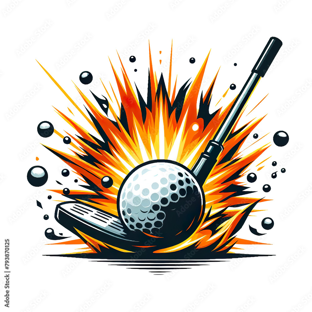 vector style image, golf swing, iron club, golf ball exploding, fire ...