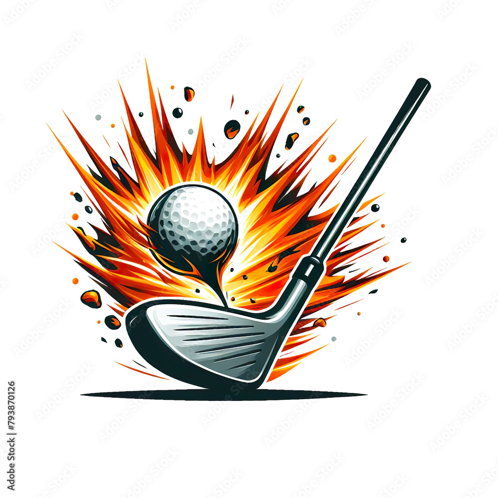 vector style image, golf swing, iron club, golf ball exploding, fire ...