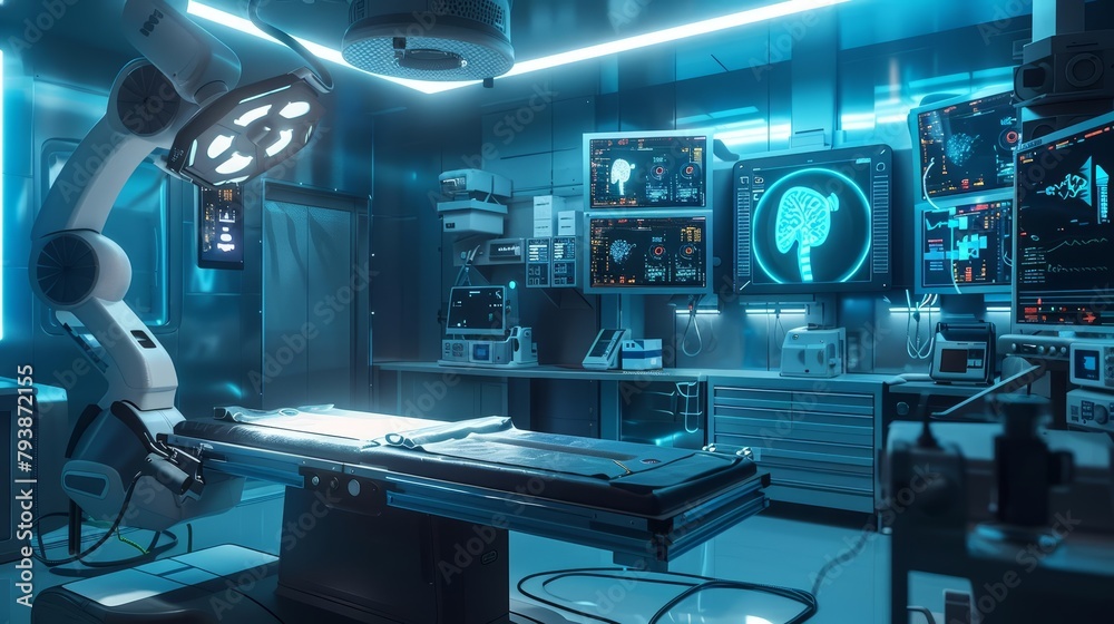 Cybernetic operating room with robotic surgical arms and holographic ...