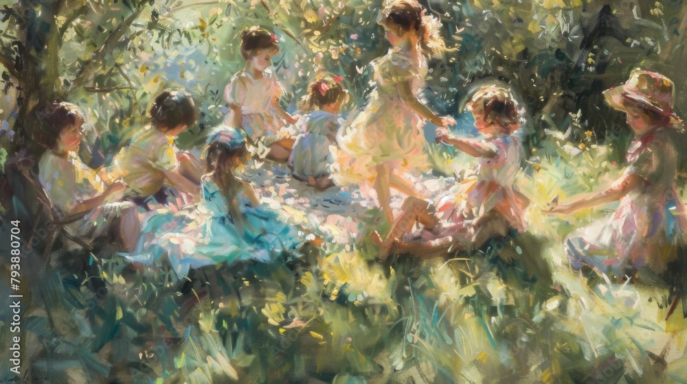 Impressionist Park Scene children playing Stock Illustration | Adobe Stock