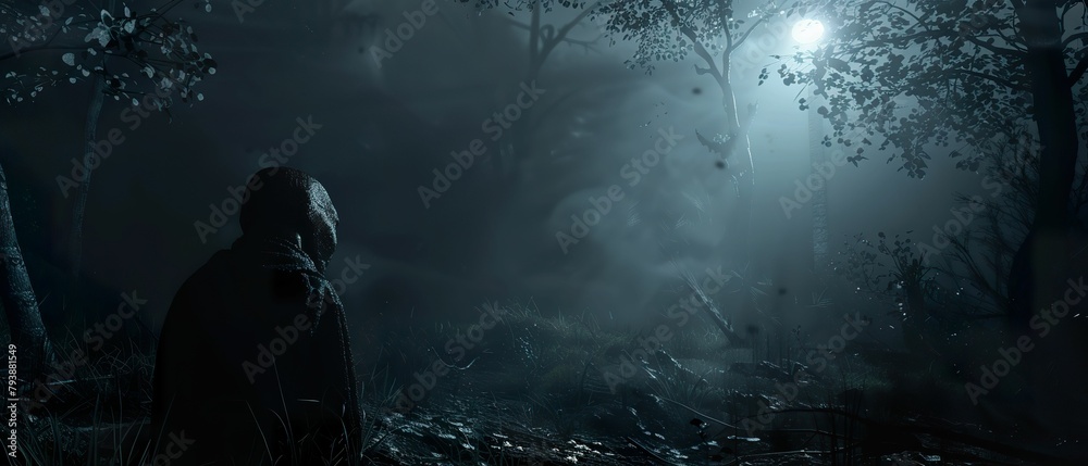 Mask, dark, eerie, a mysterious figure in a desolate forest at night, a ...