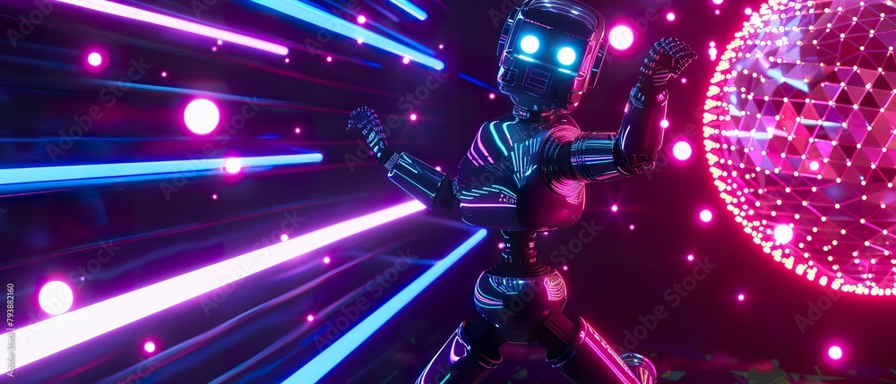 Retro Robot, inspired by 80s futurism, dancing at a neon-lit disco ...