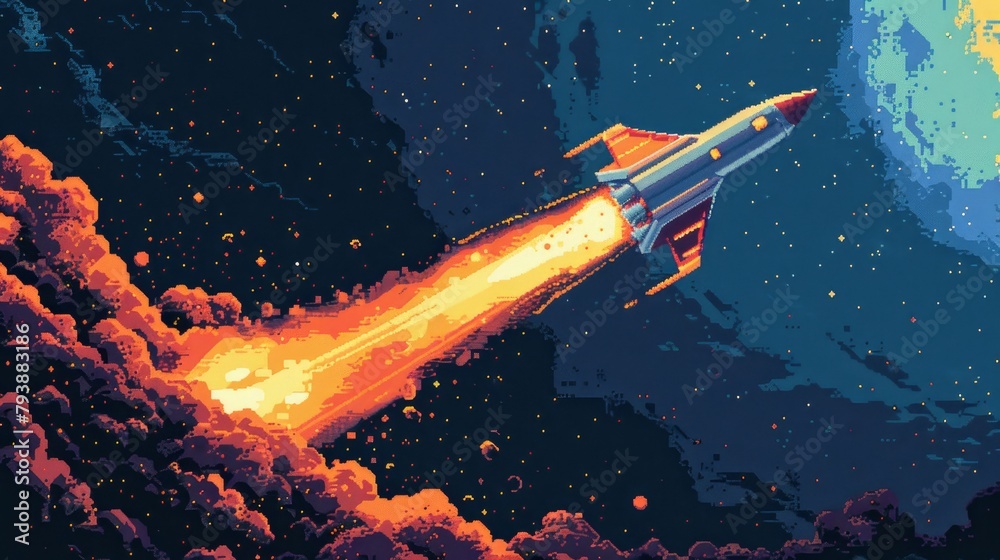 An 8-bit pixel art representation of a pixelated rocket ship blasting ...
