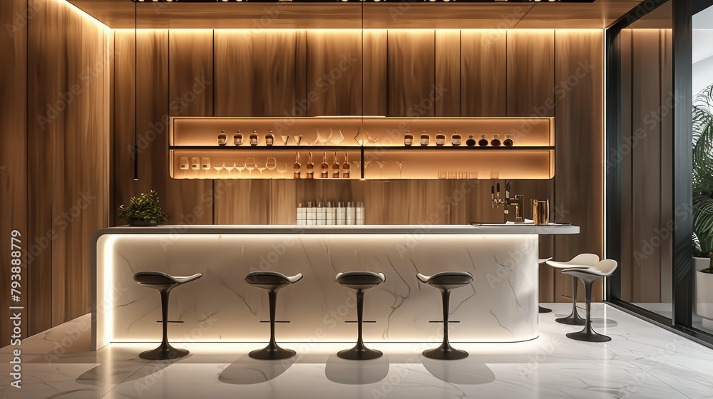 Minimalist bar counter, white leather and black metal barstools, wood ...