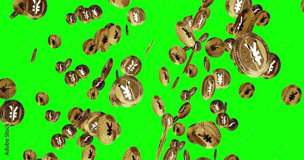 Yen Yuan cryptocurrency isolated gold coin rain background. Rotating ...