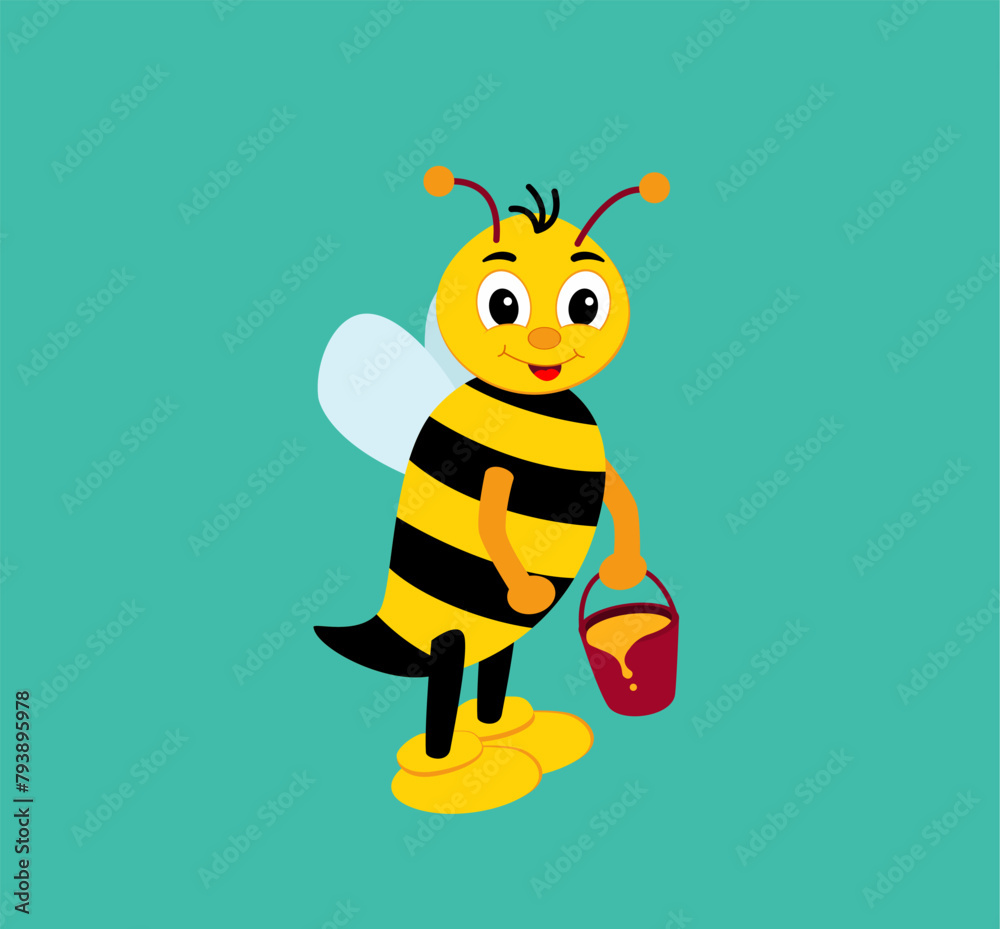 Cute Bee Holding Honey Happy Cartoon Bee Flying With Bucket Of Honey
