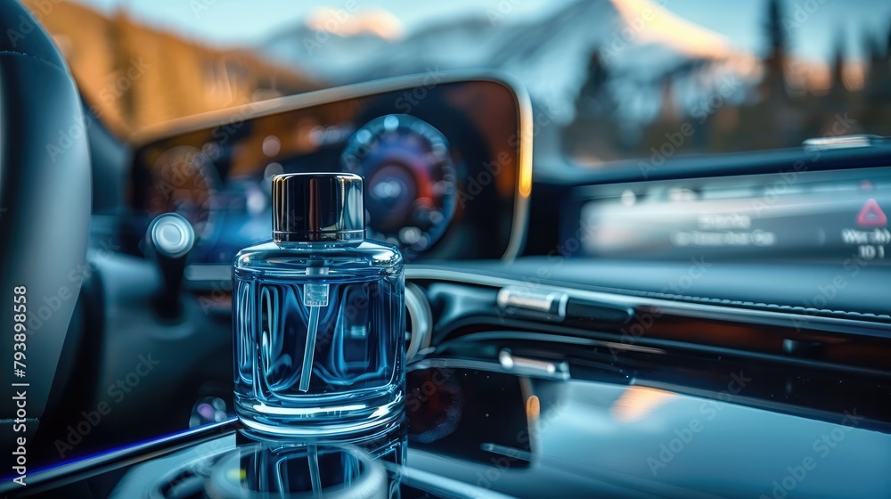 Car fragrance, luxury car interior, dark blue interior color, a bottle ...