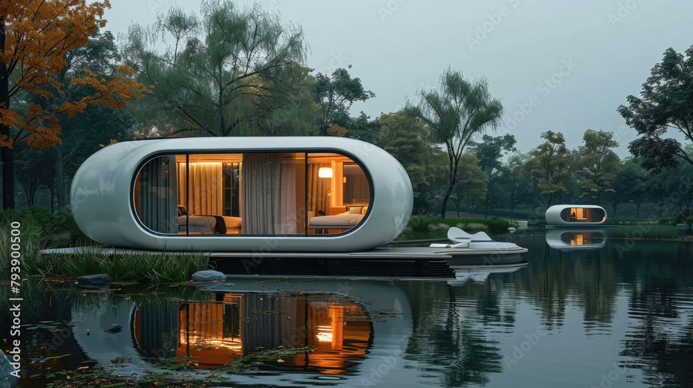 A house with the appearance of a space capsule by the river. The ...