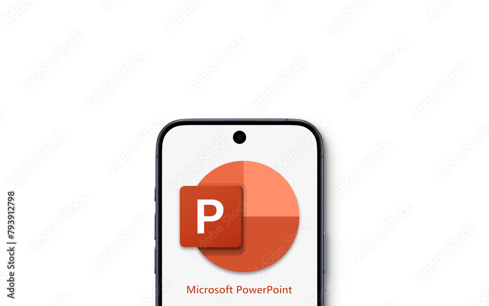 Microsoft PowerPoint logo displayed on a modern smartphone, white ...