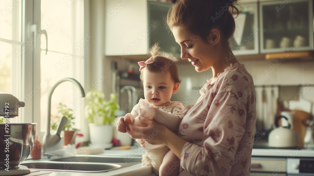 A young mother holds her baby girl while cooking together in the ...