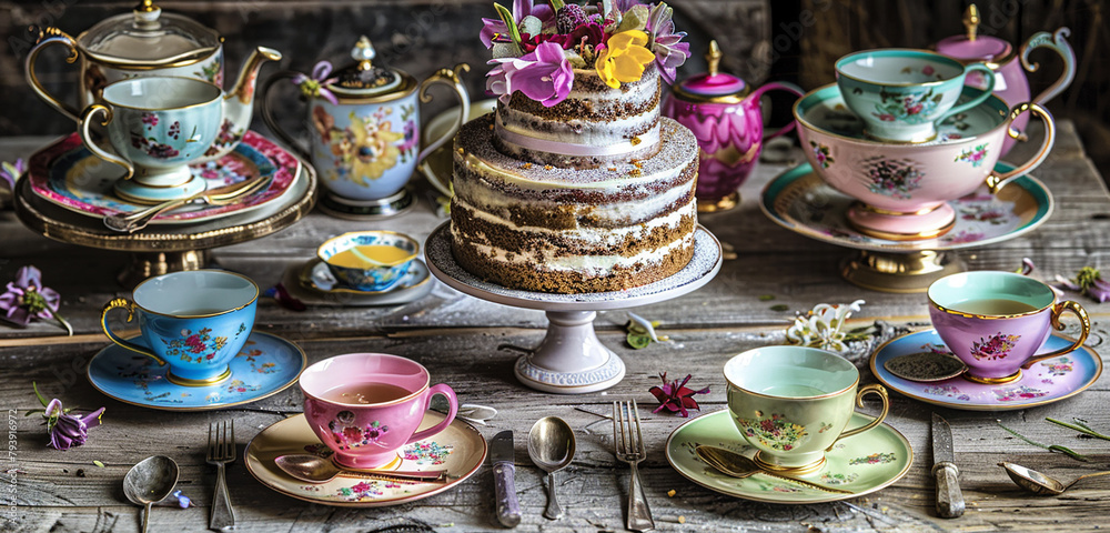 A whimsical tea party setup with a mismatched collection of colorful ...