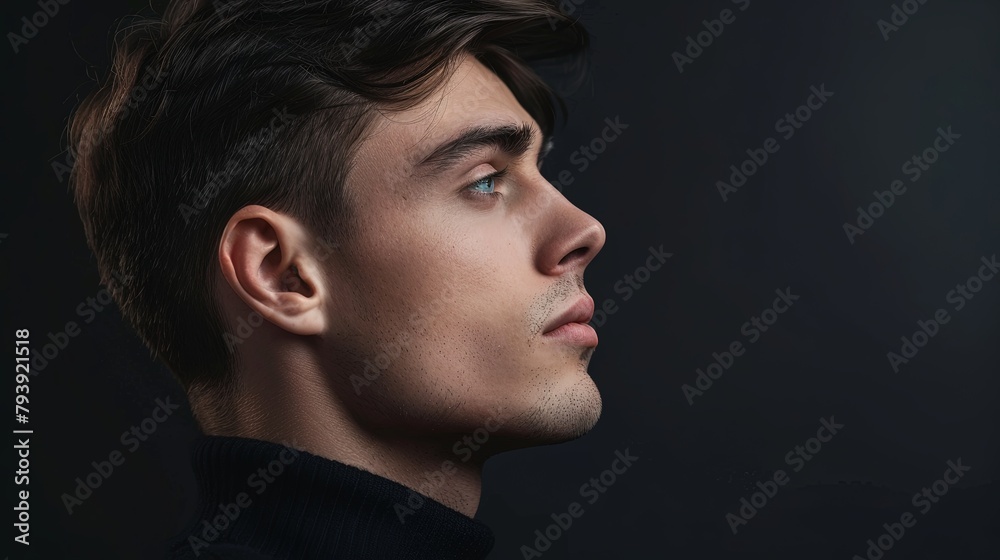 A side profile of a man with a well-defined chin after chin implant ...
