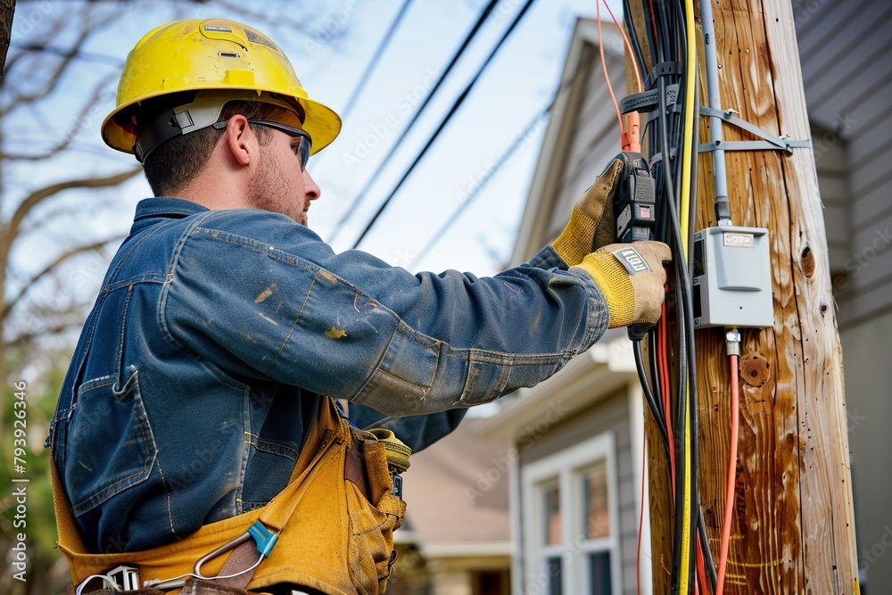 Electrician works on wiring a utility pole, showcasing skilled labor ...