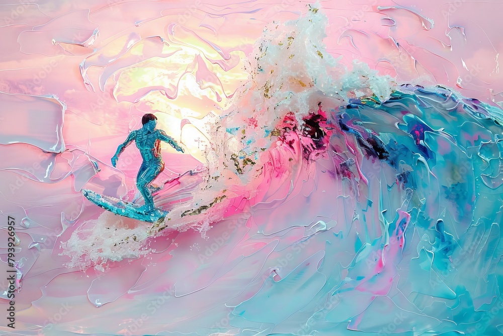 A painting of a surfer riding a wave. The wave is pink and blue, and ...