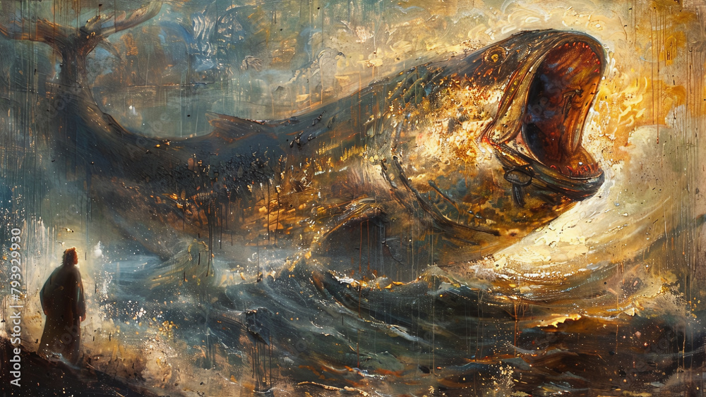 Jonah and the Great Fish: Inspirational Biblical Art with Catholic Bible Verse, Catholic Art of ...