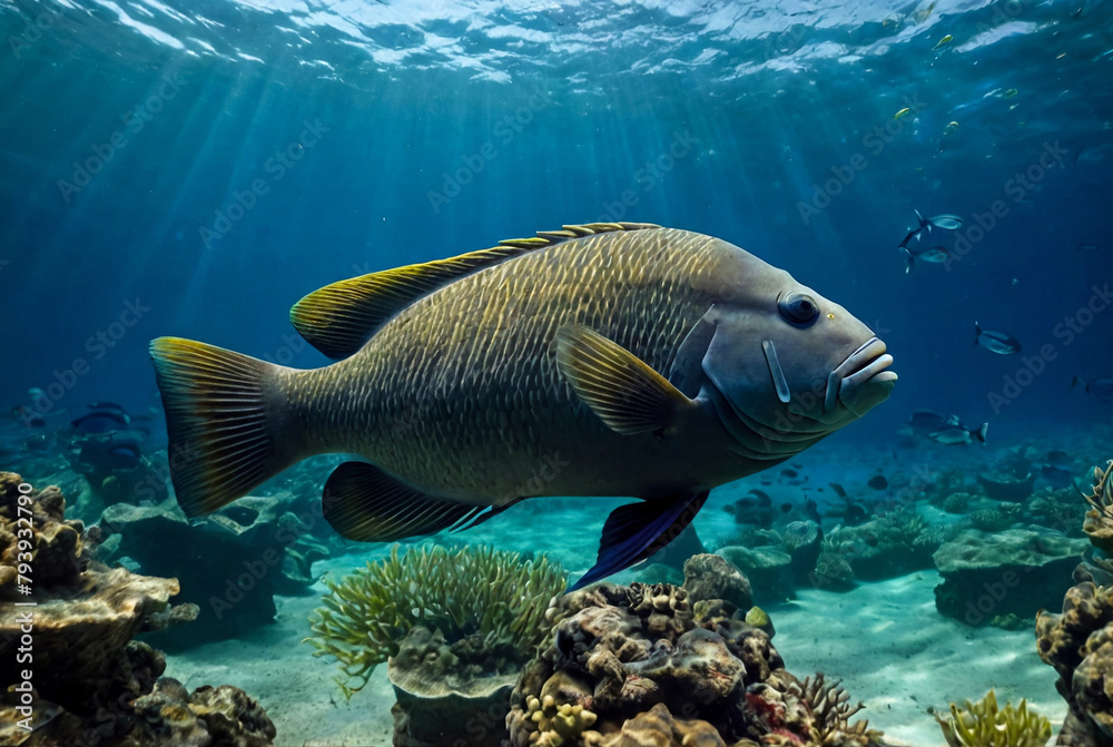 Napoleon fish or Humphead wrasse fish (Cheilinus undulatus) under water ...