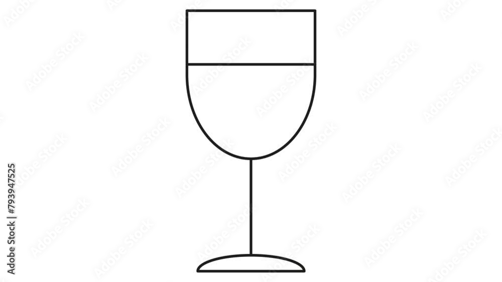 Animated black line glass of wine is drawn. Linear symbol of drink ...
