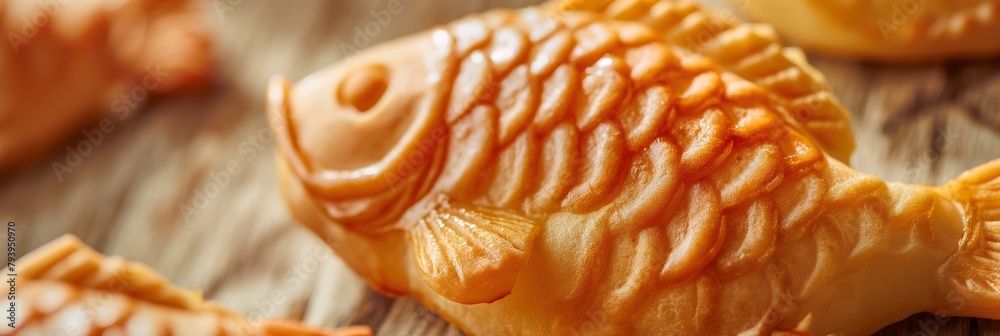 High definition image of Taiyaki, traditional Japanese fish-shaped cakes filled with sweet red ...