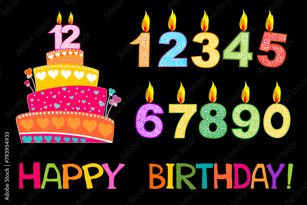 Candles on birthday cakes with age numbers from one to ten, isolated ...