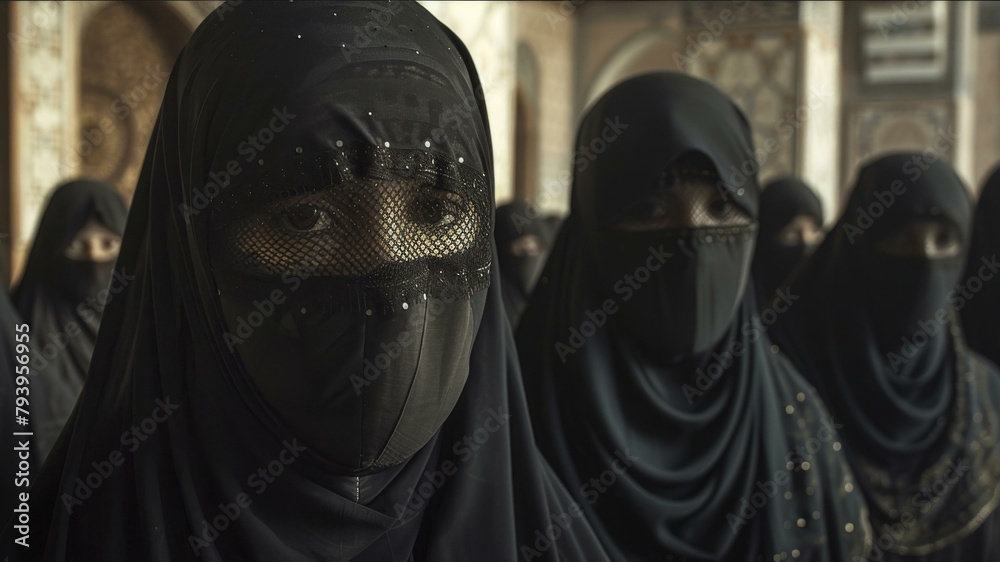 Fully veiled women in dark niqabs, detailed textures, enhancing ...