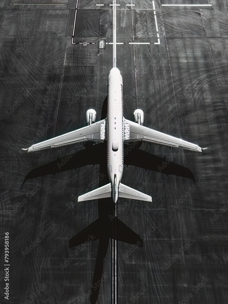 Airplane positioned for takeoff, stark lines and markings defining an ...
