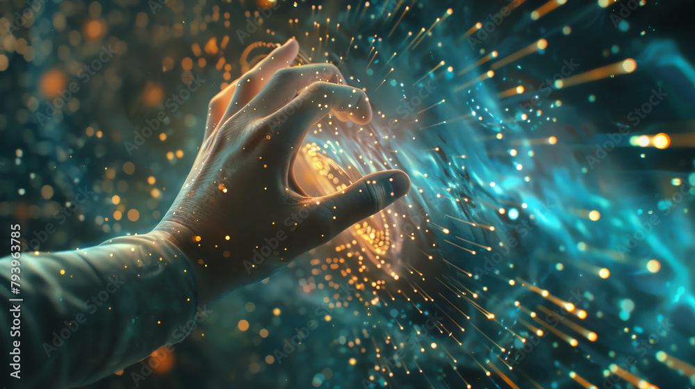 A hand reaching out to a spinning vortex of data flow, visualized as a ...