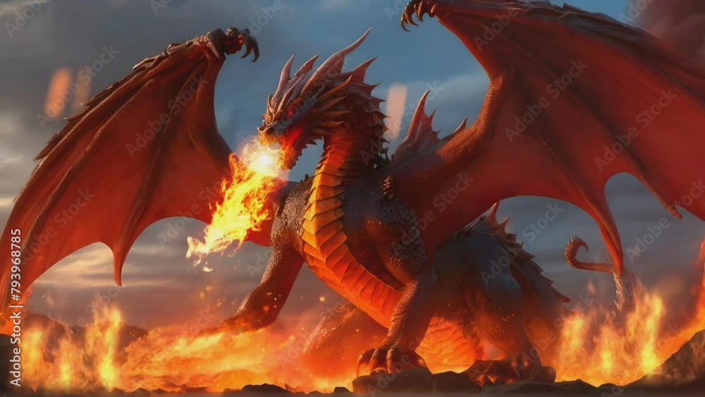 dragon spitting fire on a backdrop of a volcano with flashes of fire ...