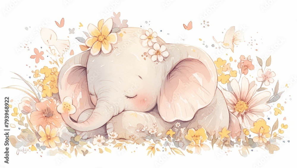 Cute watercolor baby elephant with flowers, pastel colors, soft ...