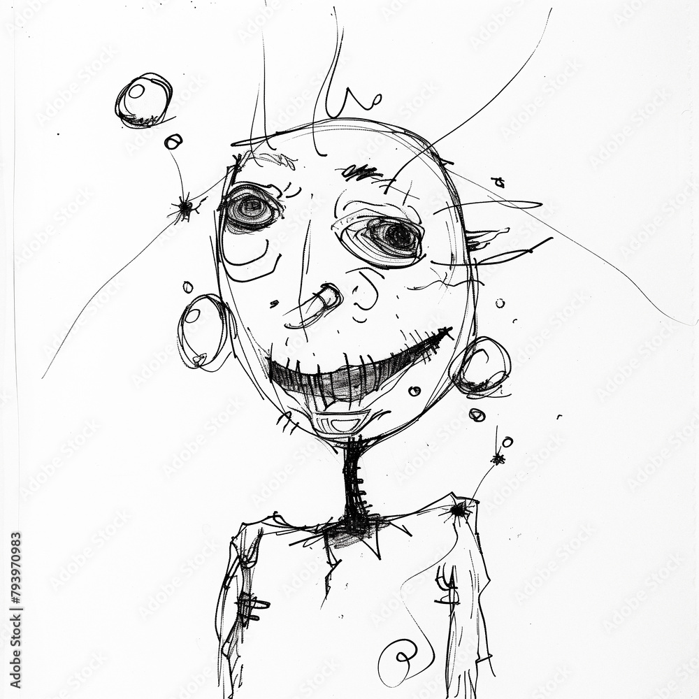 A simple messy line drawing of the head and shoulders of an ugly man ...