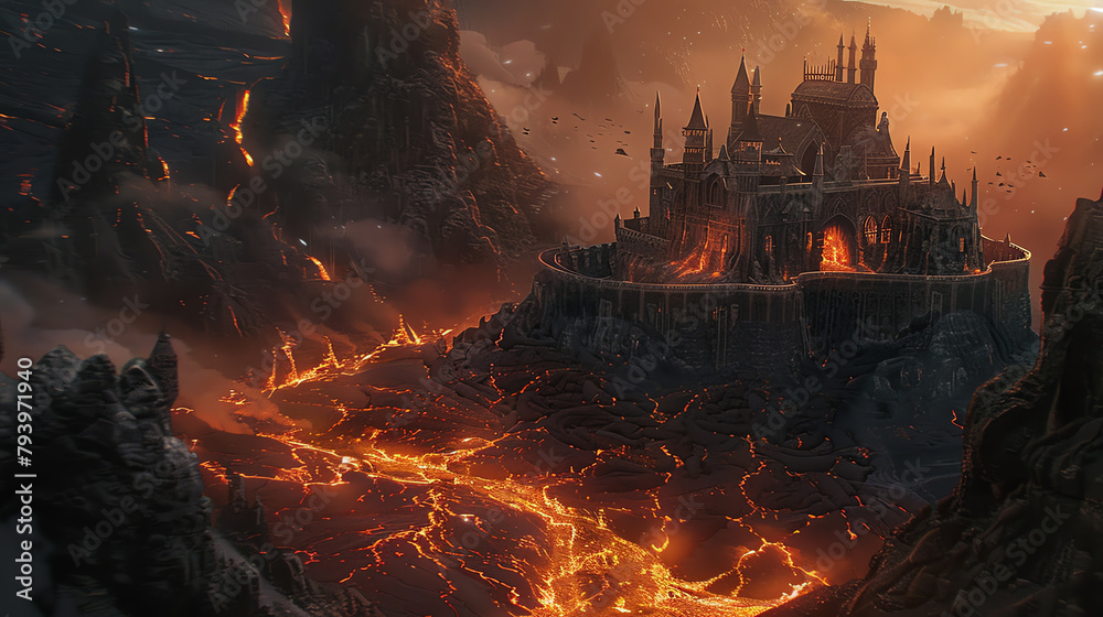 Concept art for a fantasy video game showing the Devil's castle perched ...