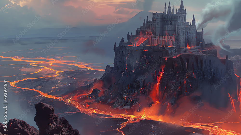 Concept art for a fantasy video game showing the Devil's castle perched ...