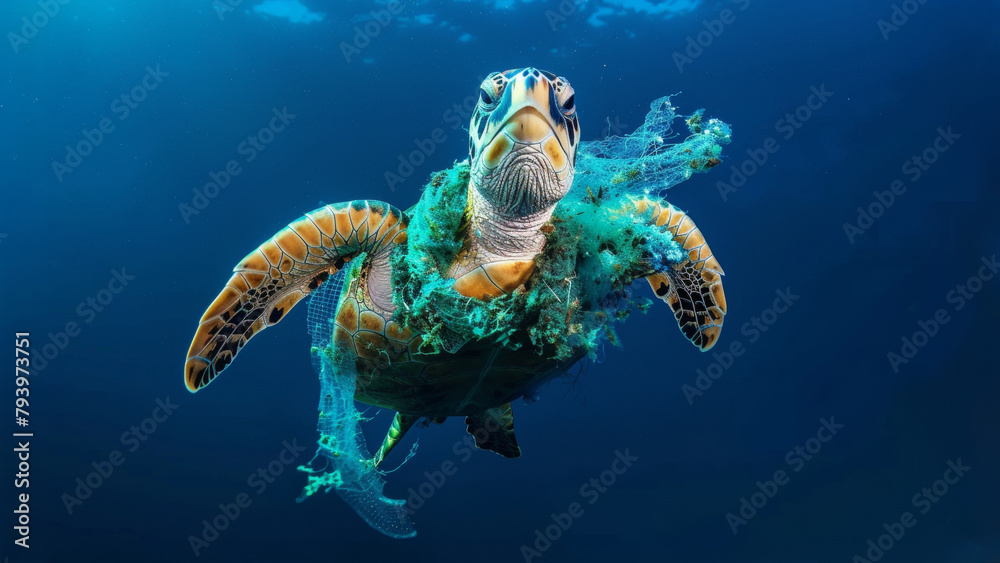 Tortue marine prise dans les mailles d'un filet de pêche dû à la ...