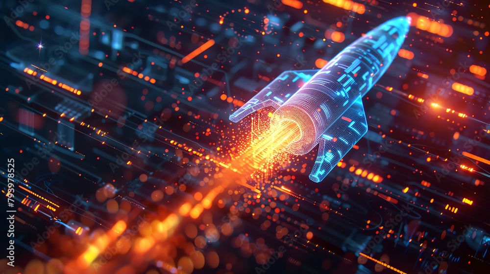Rocket 3D Hologram Wireframe pixels, orange Neon Light, Volumetric Epic Quantum computing core ...