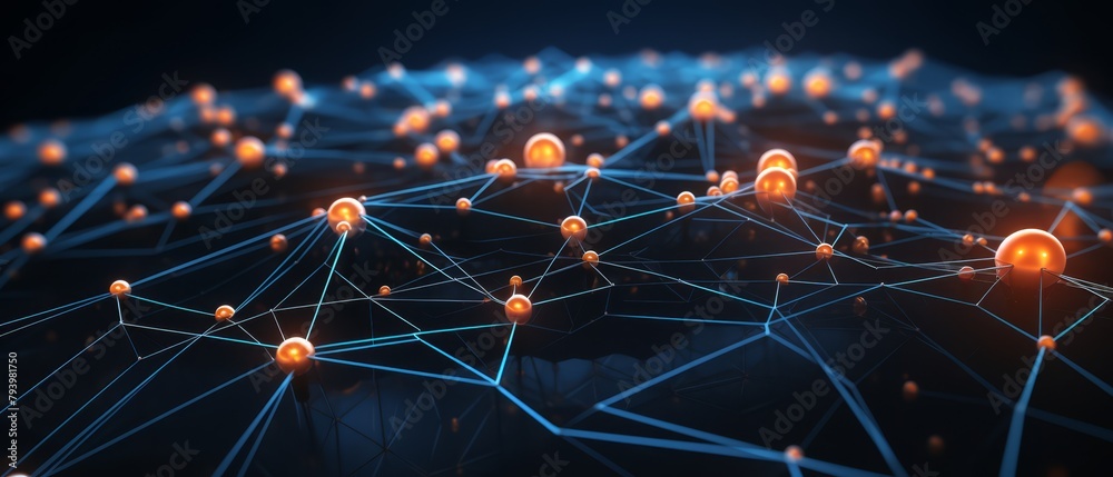 Dark 3D background with glowing technology nodes and connections Stock ...