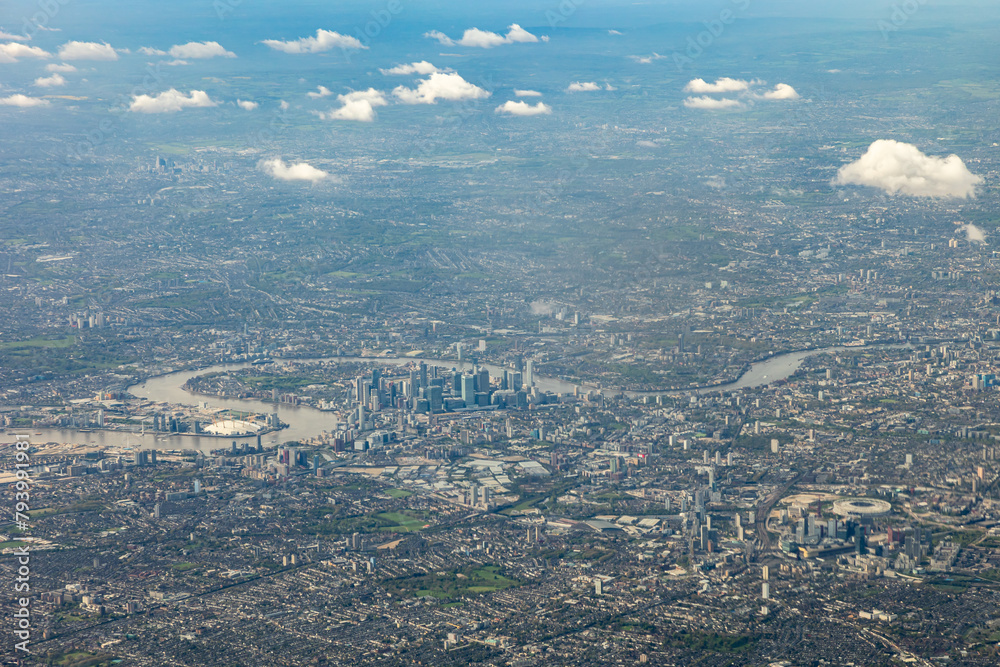 High aerial view of downtown city of London, with river Thames, the ...