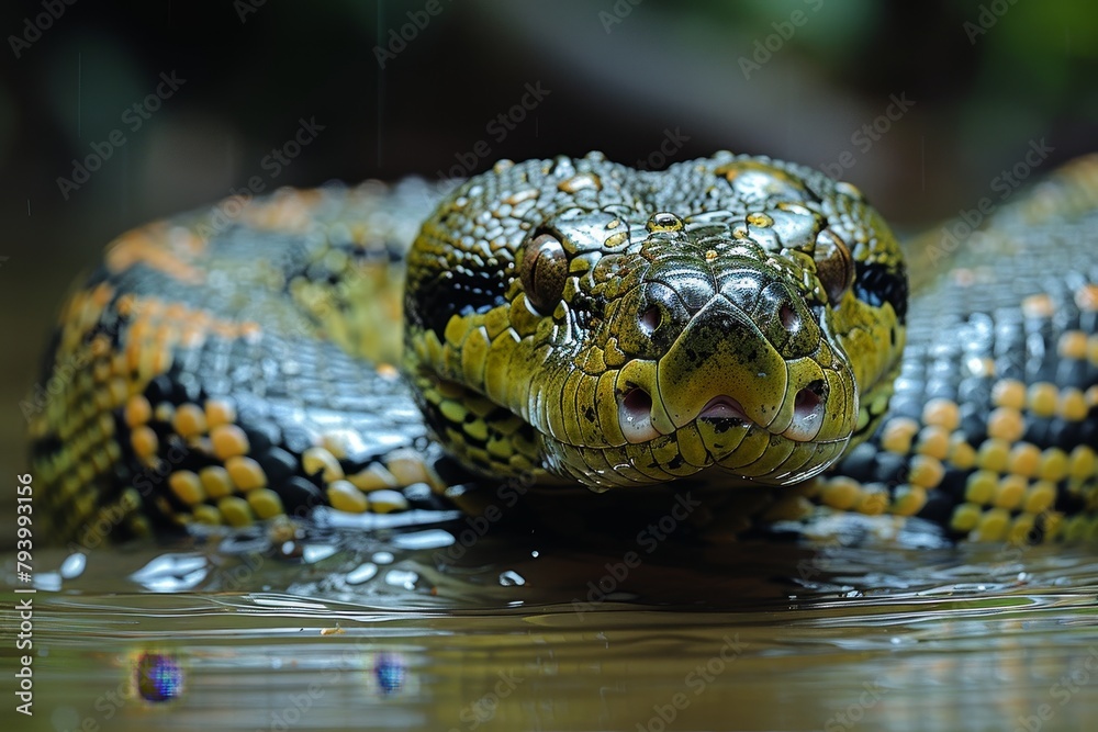Green Anaconda: Coiled on riverbank with massive body, illustrating its ...