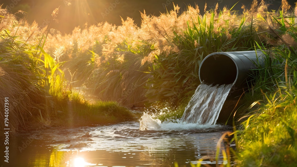 A large pipe or culvert gracefully releases water into a small stream ...