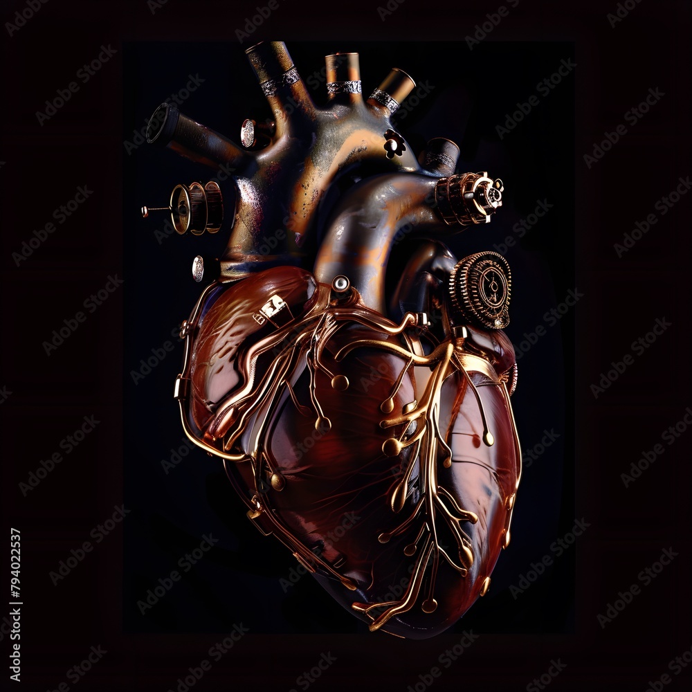 Steampunk-inspired anatomical human heart with metallic and gear ...